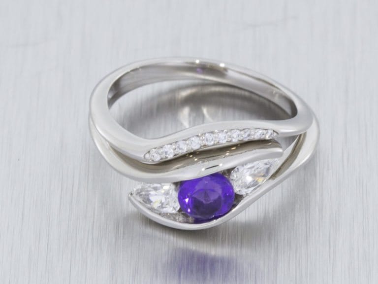 Angled Three stone amethyst and diamond engagement ring - Portfolio ...